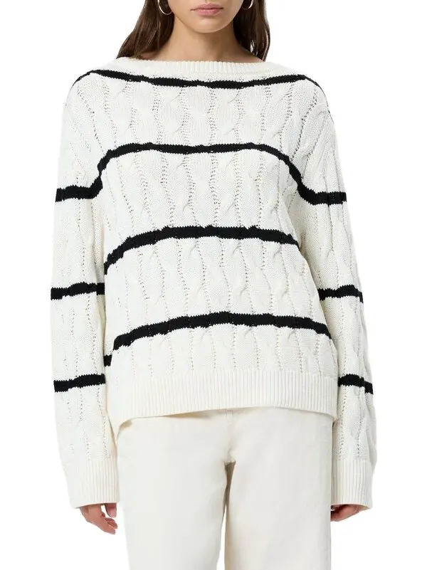 French Connection Stripe Cable Stitch Cotton Boat Neck Sweater - 10-porcelain Cream-blac