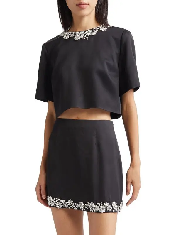 Cinq À Sept Adona Floral Jewel-embellished Crop Top - Black