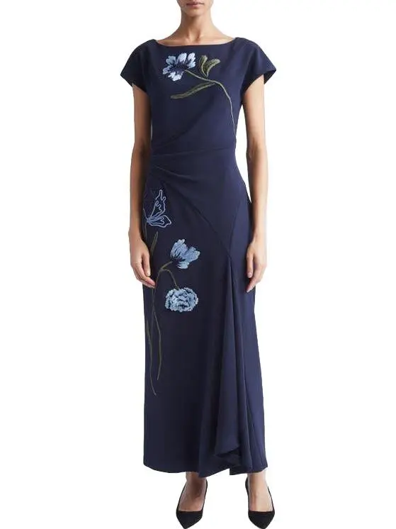 Lela Rose Floral Cord Embroidery Cascade Gown - Navy/blue