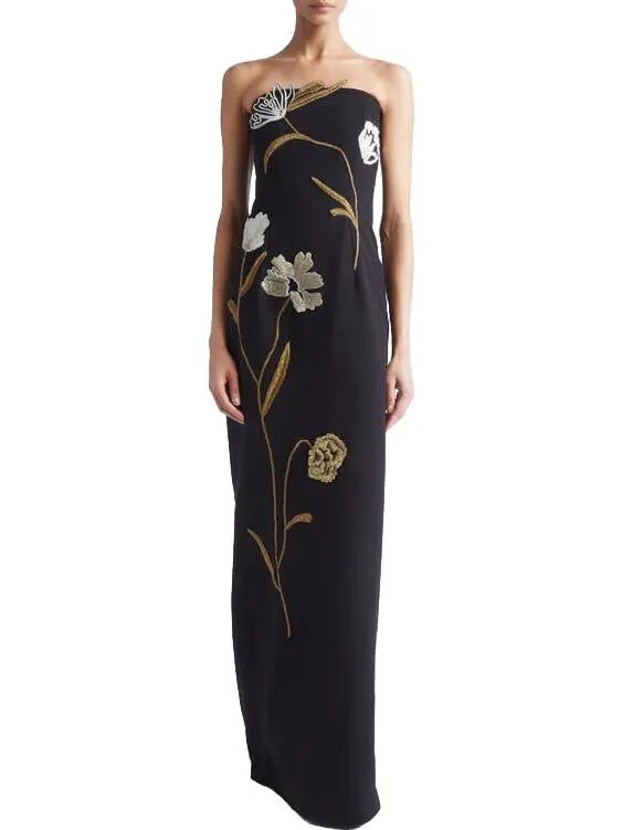 Lela Rose Floral Cord Embroidery Strapless Gown - Black/metallic