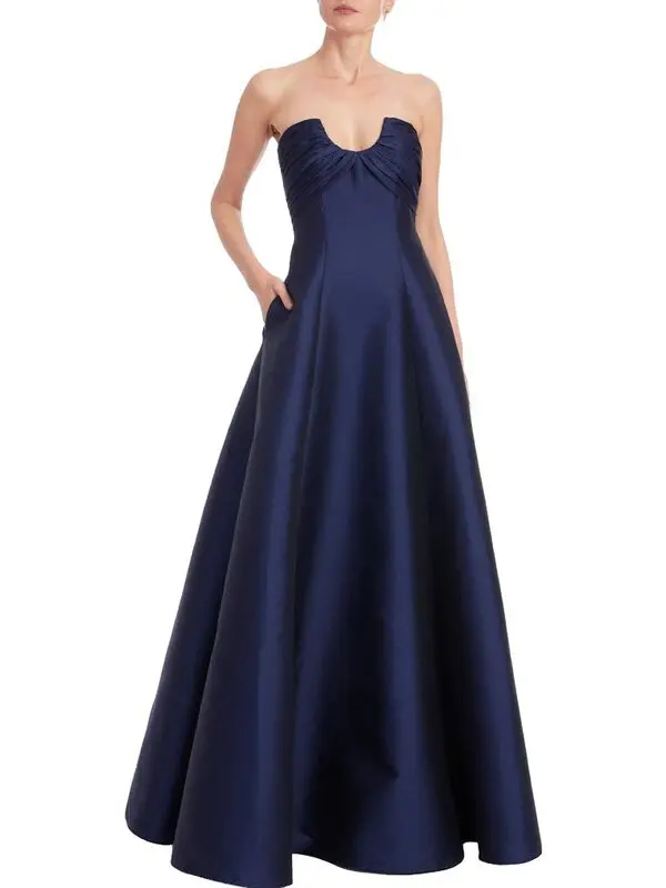 Badgley Mischka Strapless Satin Gown - Navy