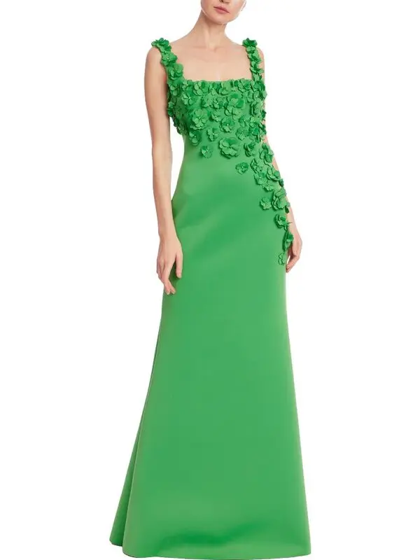 Badgley Mischka Floral Appliqué Scuba Knit Trumpet Gown - Green