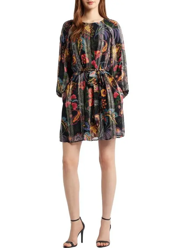 CIEBON Odette Floral Metallic Long Sleeve Belted Dress - Black