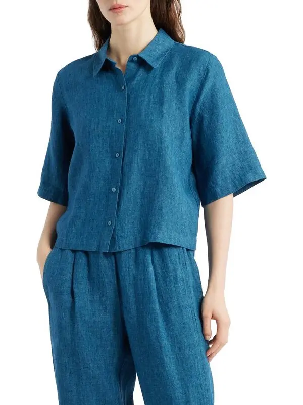 Eileen Fisher Linen Elbow Sleeve Button-up Shirt - River