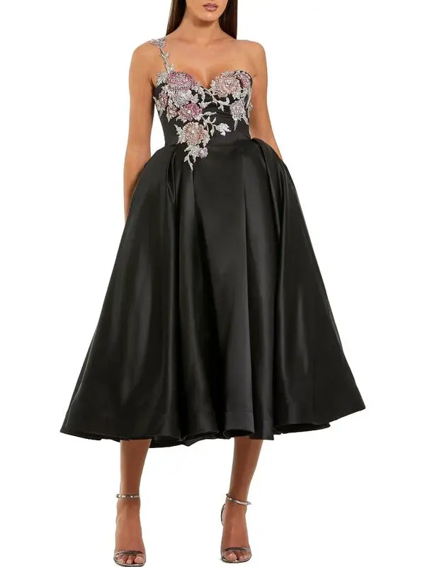 Mac Duggal One-shoulder Floral Midi Dress - Black Multi