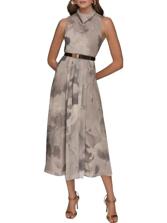 Donna Karan New York Cowl Neck Belted Fit & Flare Dress - Driftwood Multi