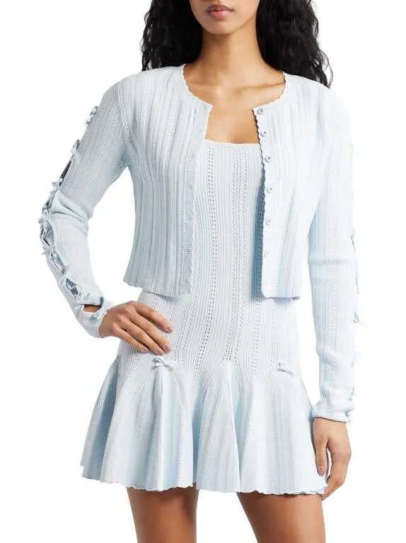 LoveShackFancy Zoriah Pointelle Tie Sleeve Cardigan - Icicle Blue