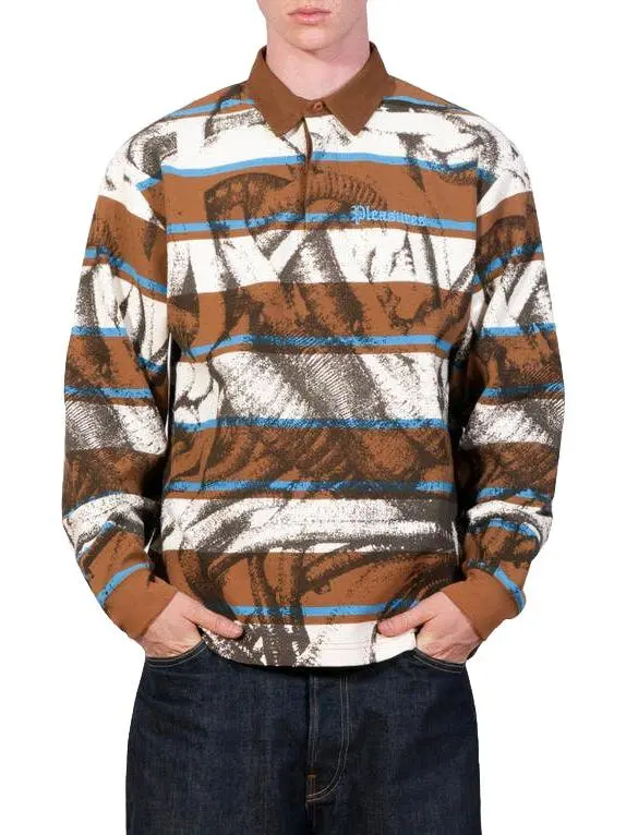 PLEASURES Worms Graphic Rubgy Shirt - Brown Stripe