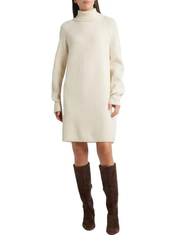 BOSS Foclore Long Sleeve Virgin Wool & Cashmere Turtleneck Sweater Dress - Soft Cream