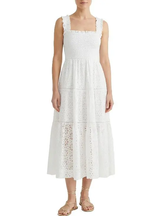 CHANGE OF SCENERY Kristen Smocked Embroidered Tiered Midi Dress - Fresh White