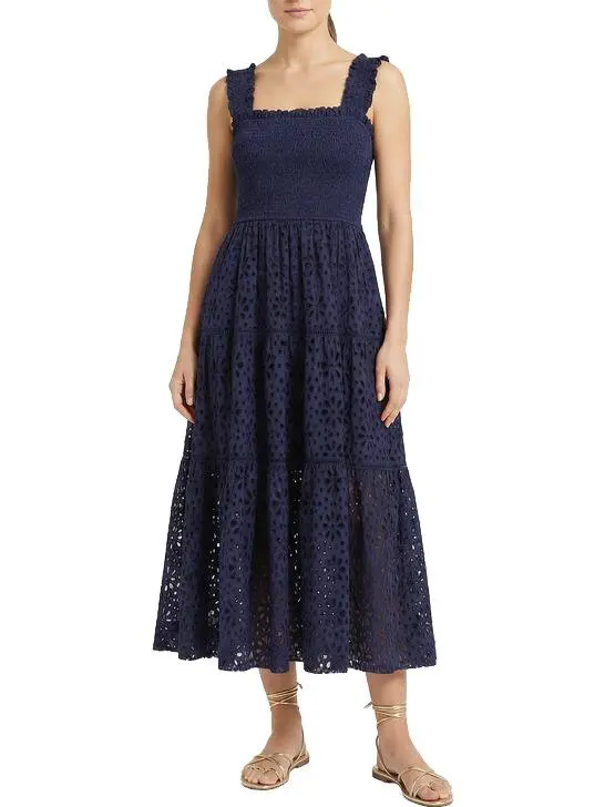 CHANGE OF SCENERY Kristen Smocked Embroidered Tiered Midi Dress - Navy Seaside Eyelet