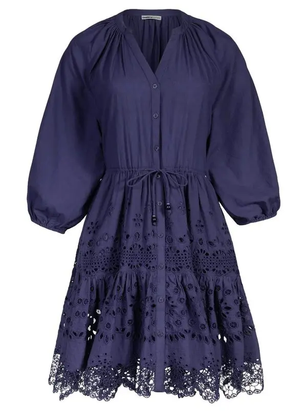CHANGE OF SCENERY Balloon Sleeve Mini Shirtdress - Navy Calypso Eyelet