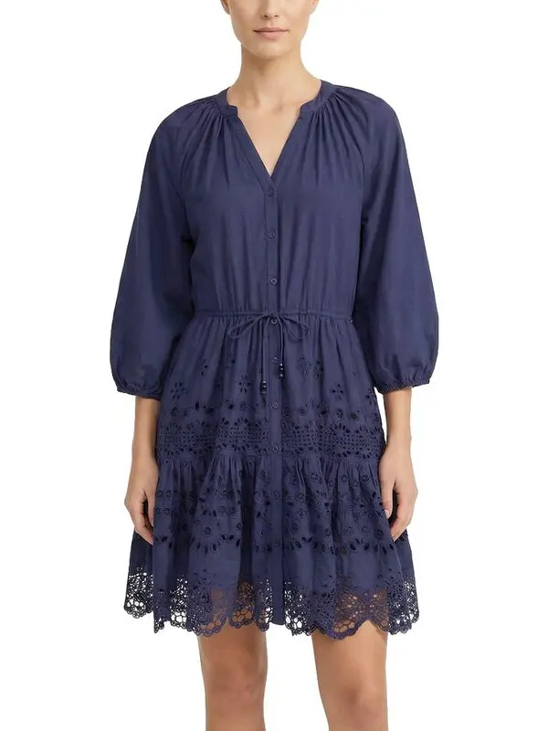 CHANGE OF SCENERY Balloon Sleeve Mini Shirtdress - Navy Calypso Eyelet