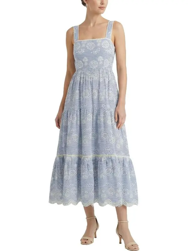CHANGE OF SCENERY Lizzie Pinstripe Eyelet Tiered Midi Dress - Sky/natural