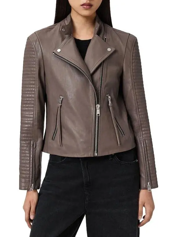 ALLSAINTS Raul Leather Biker Jacket - Mocha Brown