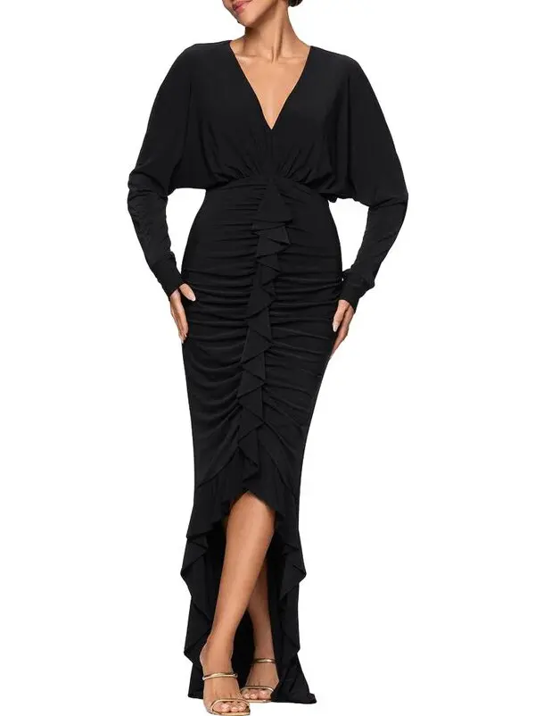 XSCAPE EVENINGS Plunge Neck Ruched High-low Gown - Black