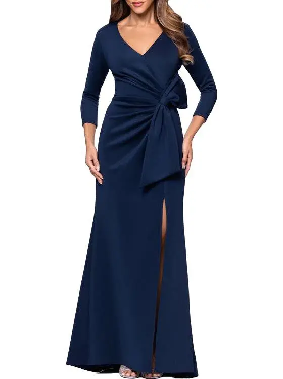 XSCAPE EVENINGS Bow Detail Long Sleeve Scuba Crepe Gown - Midnight