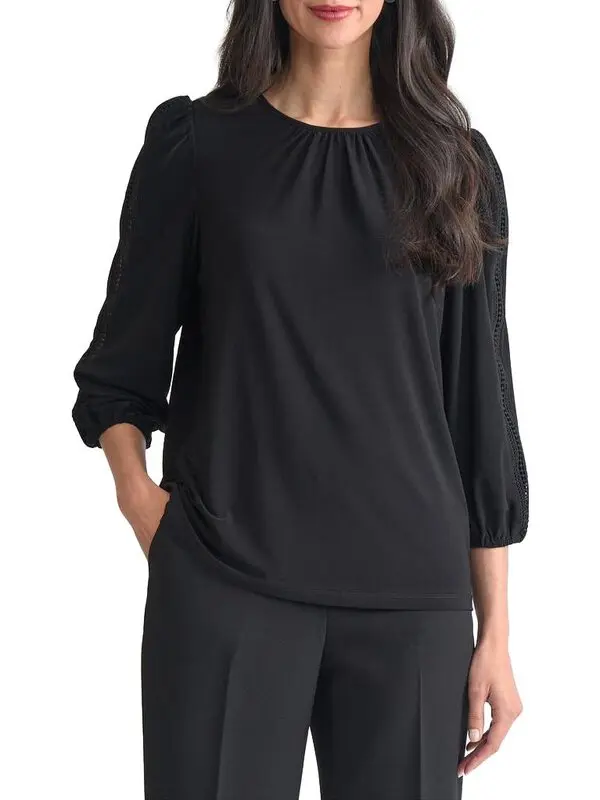 KASPER Lace Inset Blouson Sleeve Top - Black