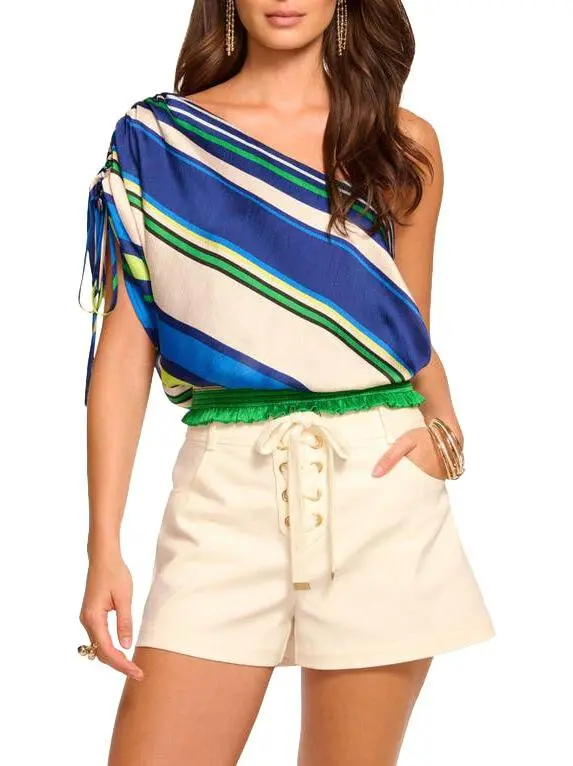 Ramy Brook Delara Stripe Satin One-shoulder Top - Ultramarine Stripe