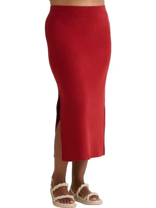 KADA Ember Ribbed Knit Midi Skirt - Brick Red