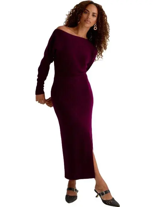 KADA Cashmere Off-shoulder Midi Dress - Aubergine