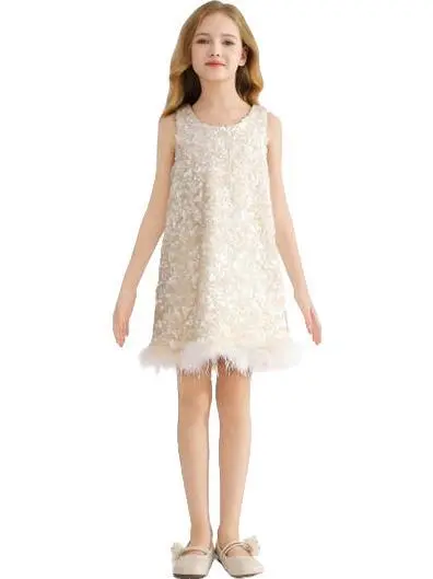 TULLEEN Sequin Feather Knee Length Dress - Ivory
