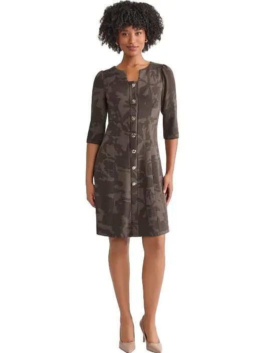 Ming Wang A-line Floral Jacquard Soft Knit Dress - Warm Taupe/dark Umber