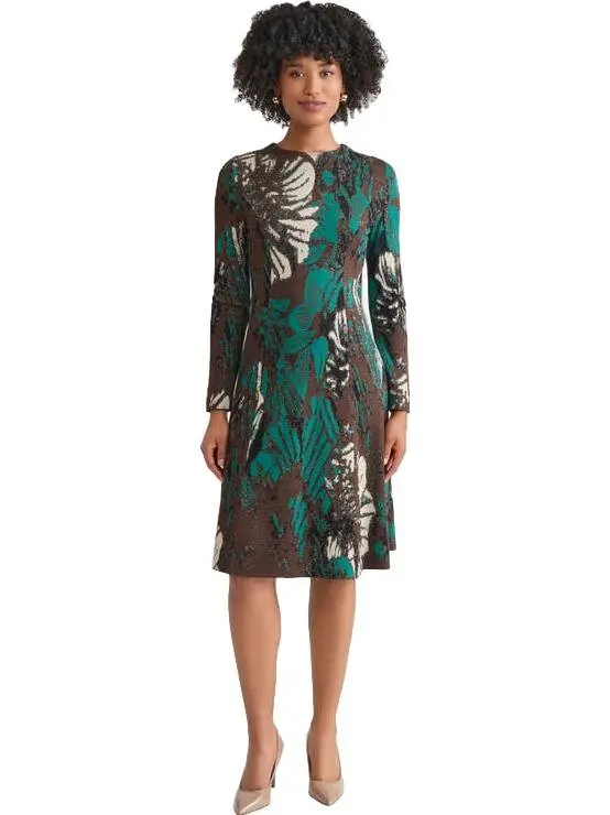 Ming Wang Floral Jacquard A-line Midi Dress - Everest/dark Umber/twig/black