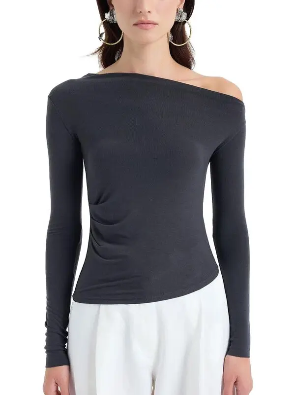 MONLICIA Aura One-shoulder Draped Stretch Top - Grey