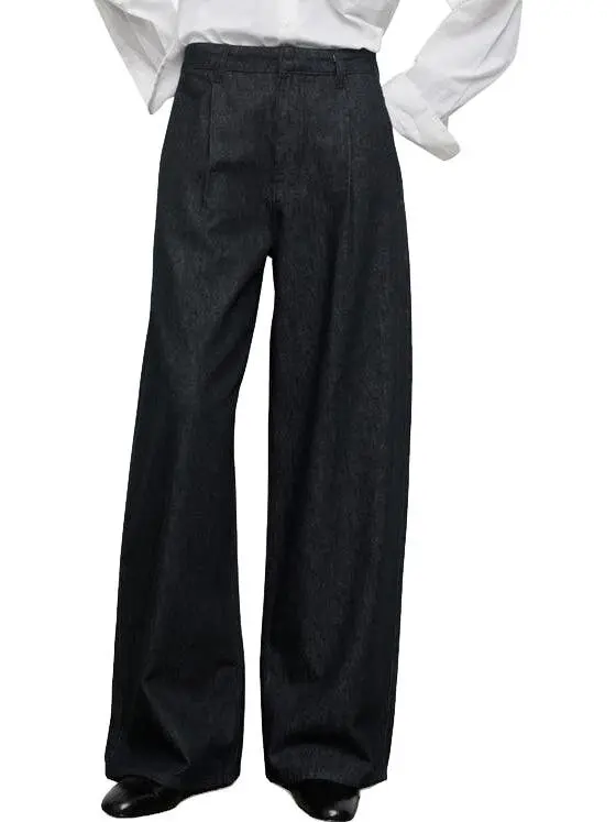 Mango Wide Leg Pleated Denim Trousers - Black