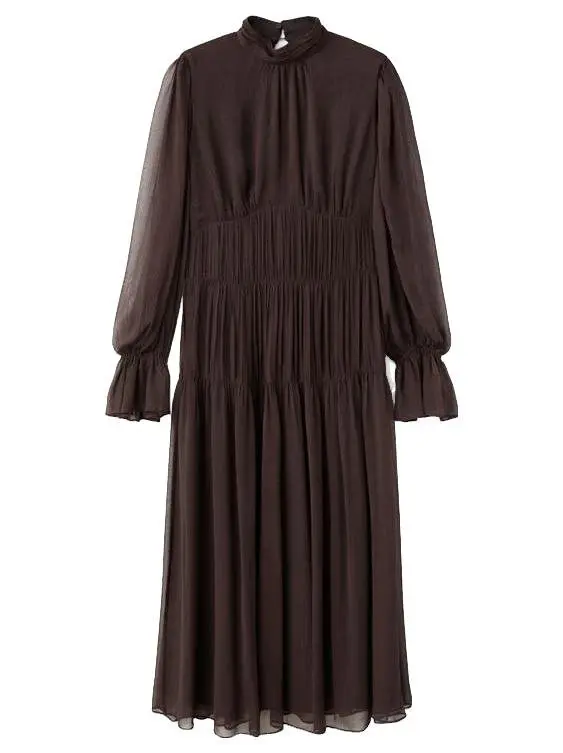 Mango Long Sleeve Tiered Dress - Chocolate
