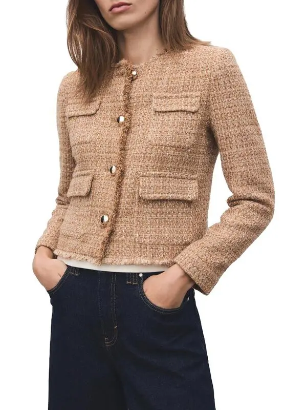 Mango Fray Trim Tweed Crop Jacket - Medium Brown