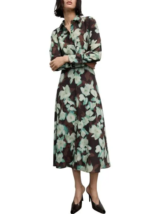 Mango Printed Belted Maxi Shirt Dress - Teal And Brown Blooms