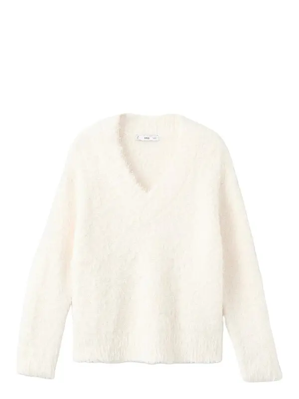 Mango Faux Fur V-neck Sweater - Ecru