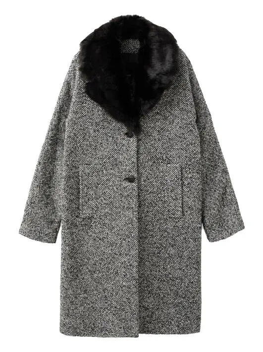 Mango Mottled Coat With Faux Fur Collar - Grey Black