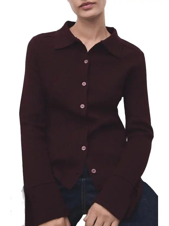 Mango Collared Fine-gauge Cardigan - Wine