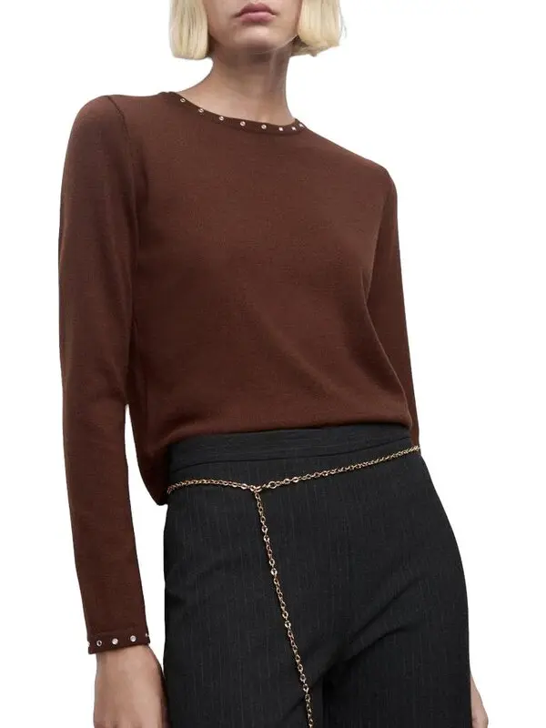 Mango Studded Knit Crewneck Sweater - Brown