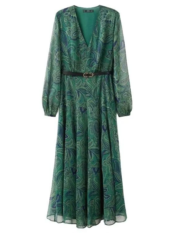 Mango Printed Long Sleeve Maxi Dress - Green
