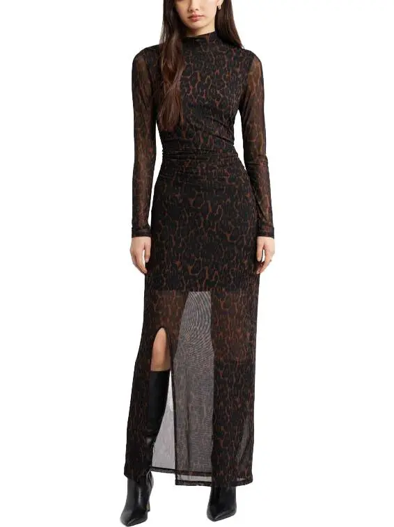 OPEN EDIT Long Sleeve Mesh Maxi Dress - Brown- Black Elegant Leopard