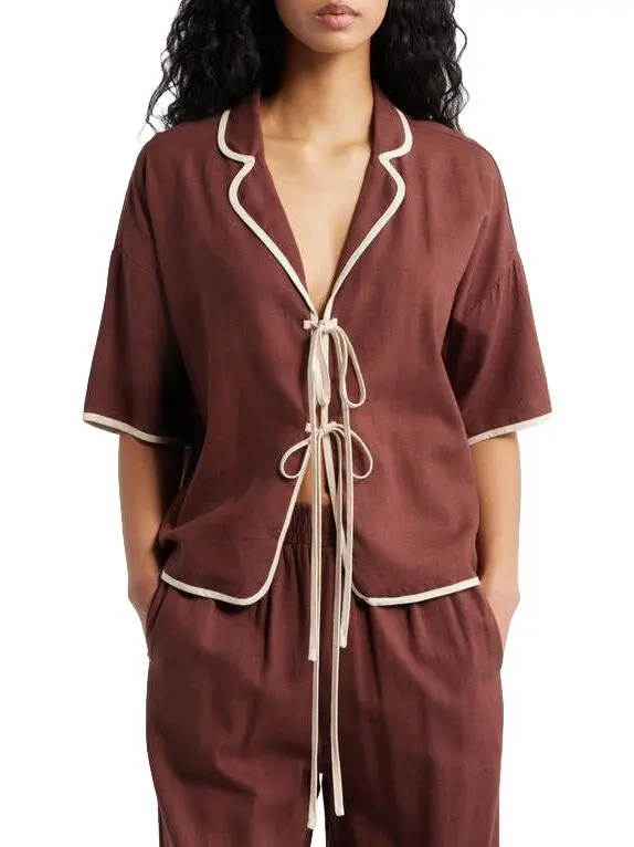 PETAL & PUP Dalton Tie-front Shirt - Brown Cream