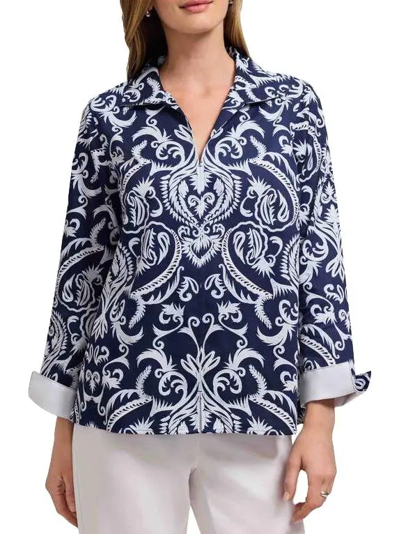 Foxcroft Agnes Florentine Damask Three-quarter Sleeve Popover Top - Navy Blue/white