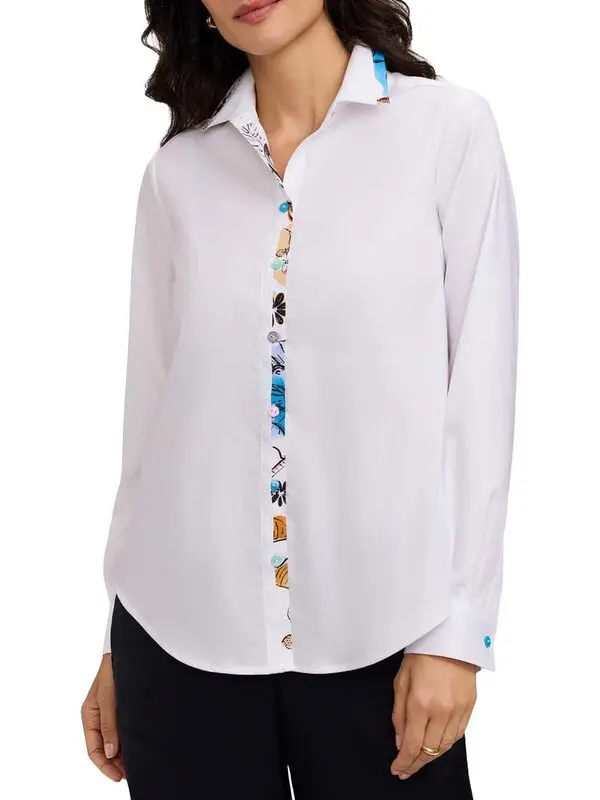 Foxcroft Floral Trimmed Cotton Blend Shirt - White