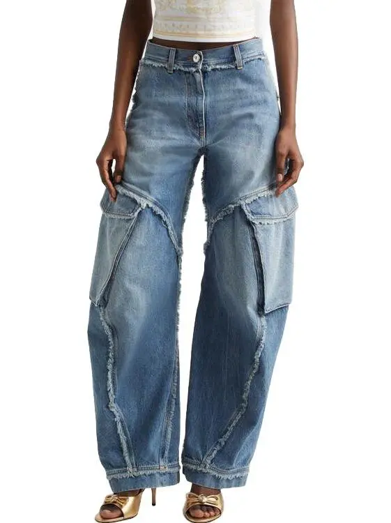 Versace Frayed Wide-leg Cargo Jeans - Medium Blue