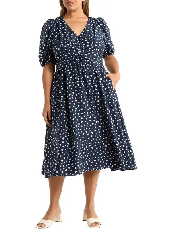 Caslon Heart Print Puff Sleeve Midi Dress - Navy- White Floating Hearts