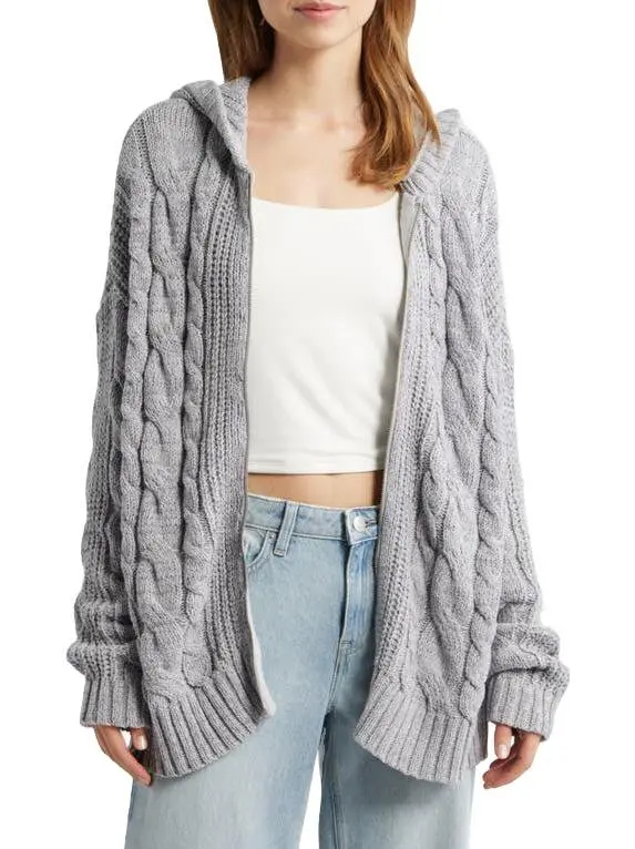 PACSUN Cable Knit Zip-up Hooded Sweater - Heather Grey