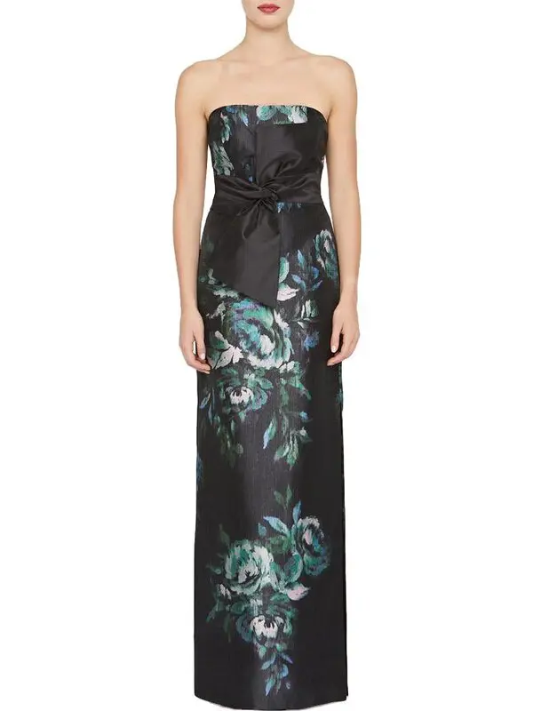 KAY UNGER Floral Bow Detail Strapless Column Gown - Black/deep Green