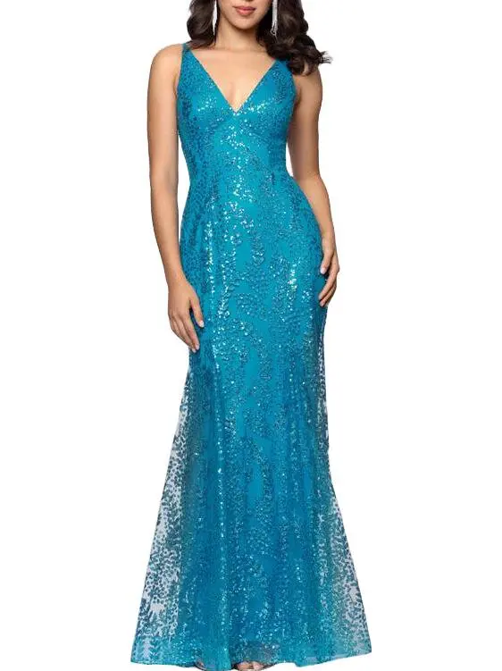 BLONDIE NITES V-neck Sequin Gown - Aqua