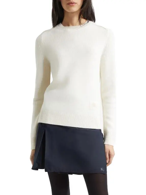 Burberry Equestrian Knight Design Stretch Cashmere Crewneck Sweater - Ceramic White