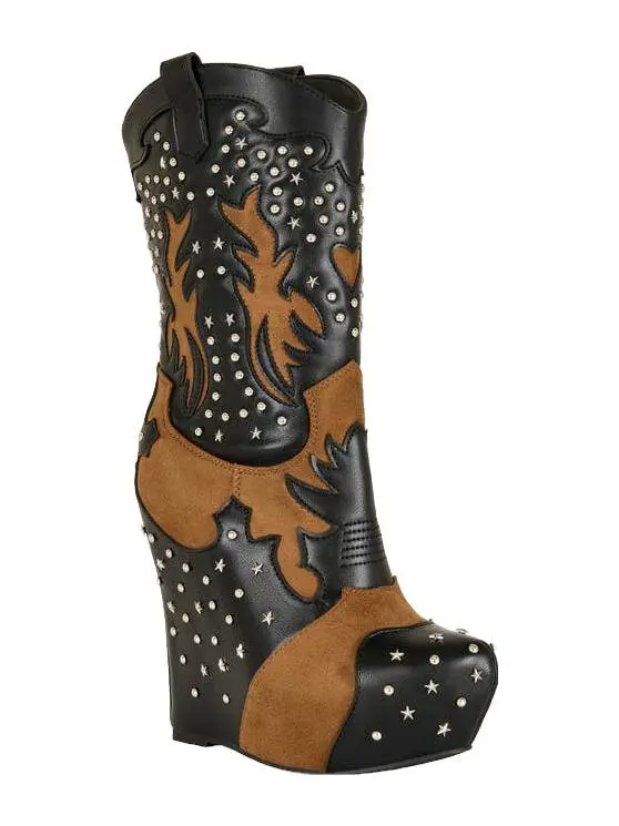 AZALEA WANG Callia Platform Western Boot - Black Multi