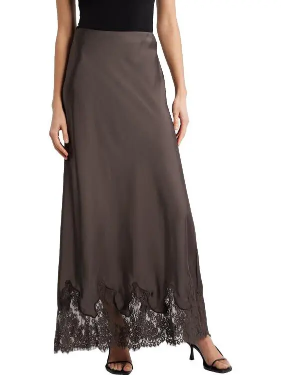 PETAL & PUP Alira Satin & Lace Midi Skirt - Brown